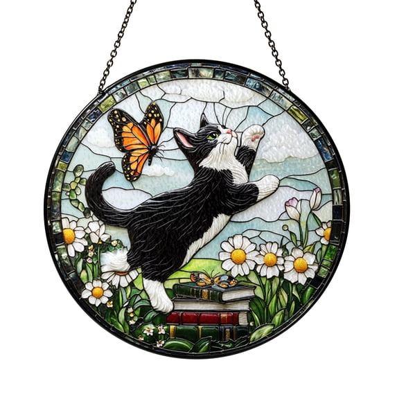 Cat on Book Stack Stained Glass Window Hanging Suncatcher, Decorative ...