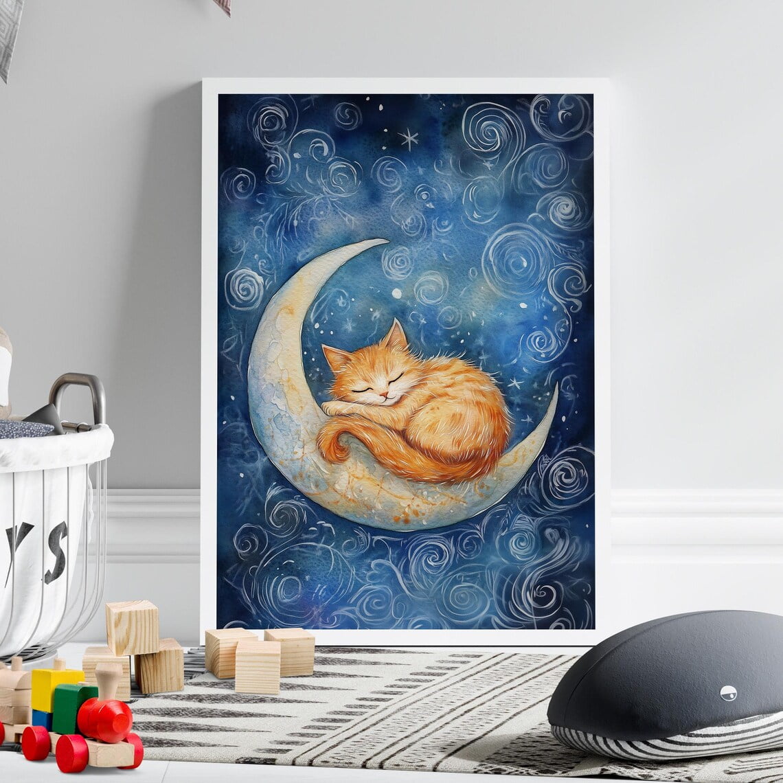 Cat on Crescent Moon Wall Art, Whimsical Starry Nursery Decor, Unframed ...