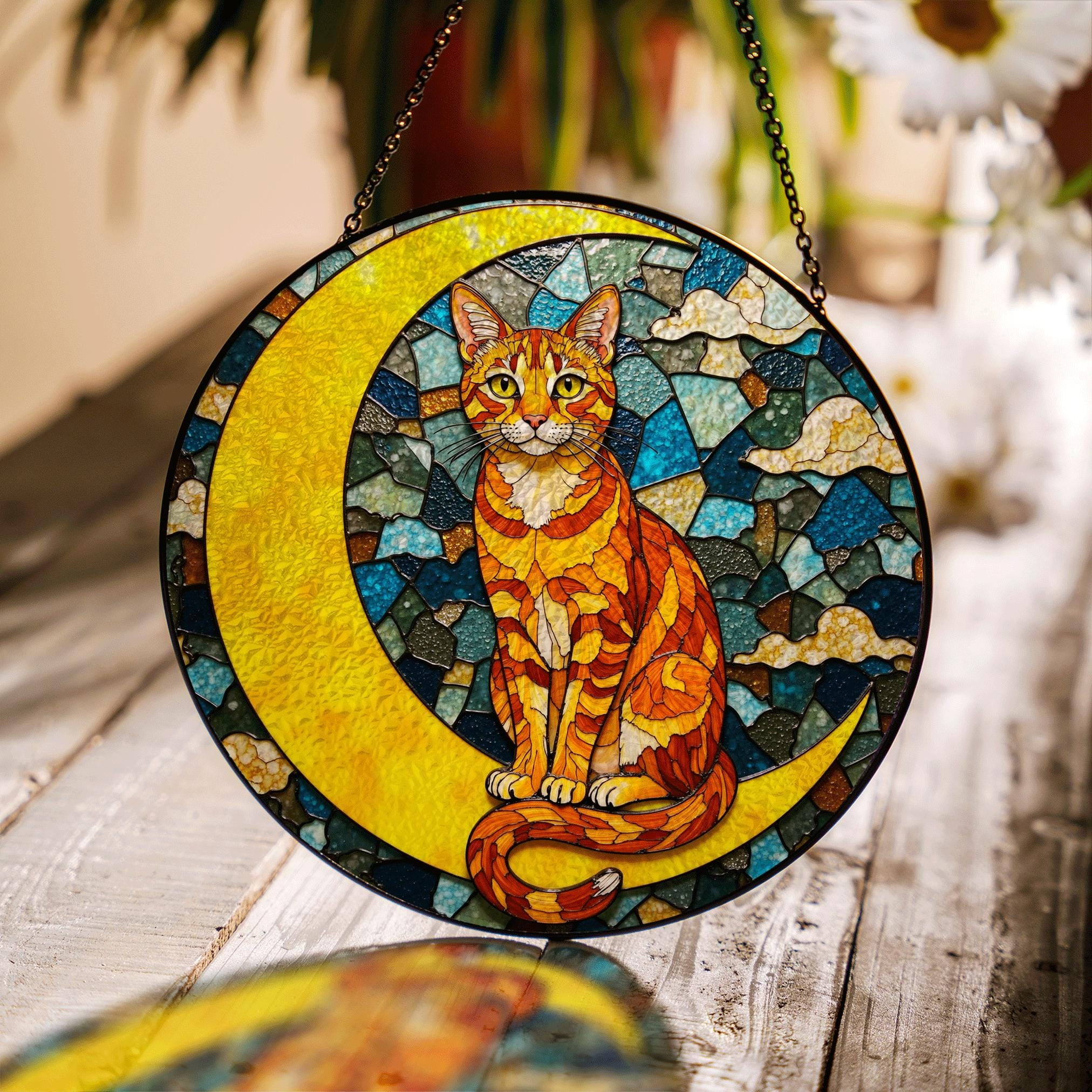 Cat on Moon Stained Glass Style Suncatcher, Night Sky Window Hanging Gift for Cat Lovers ...