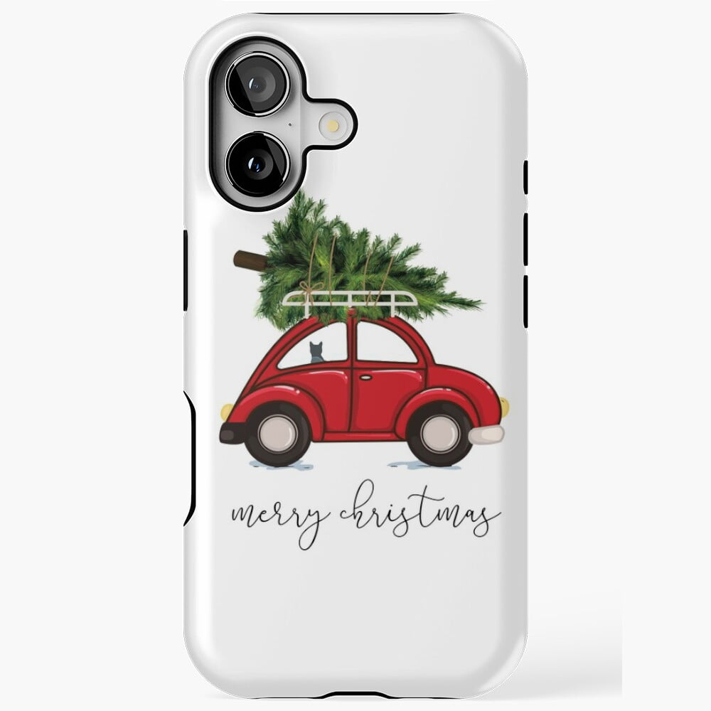 Cat on Red Car Xmas Tree Protective Case for iPhone 11 12 13 14 15 16 ...