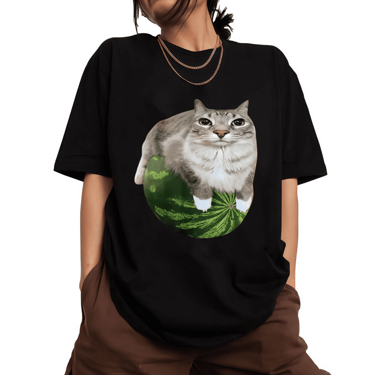 Cat on Watermelon Whimsical Print Combed Cotton Flowy Oversized Black S ...