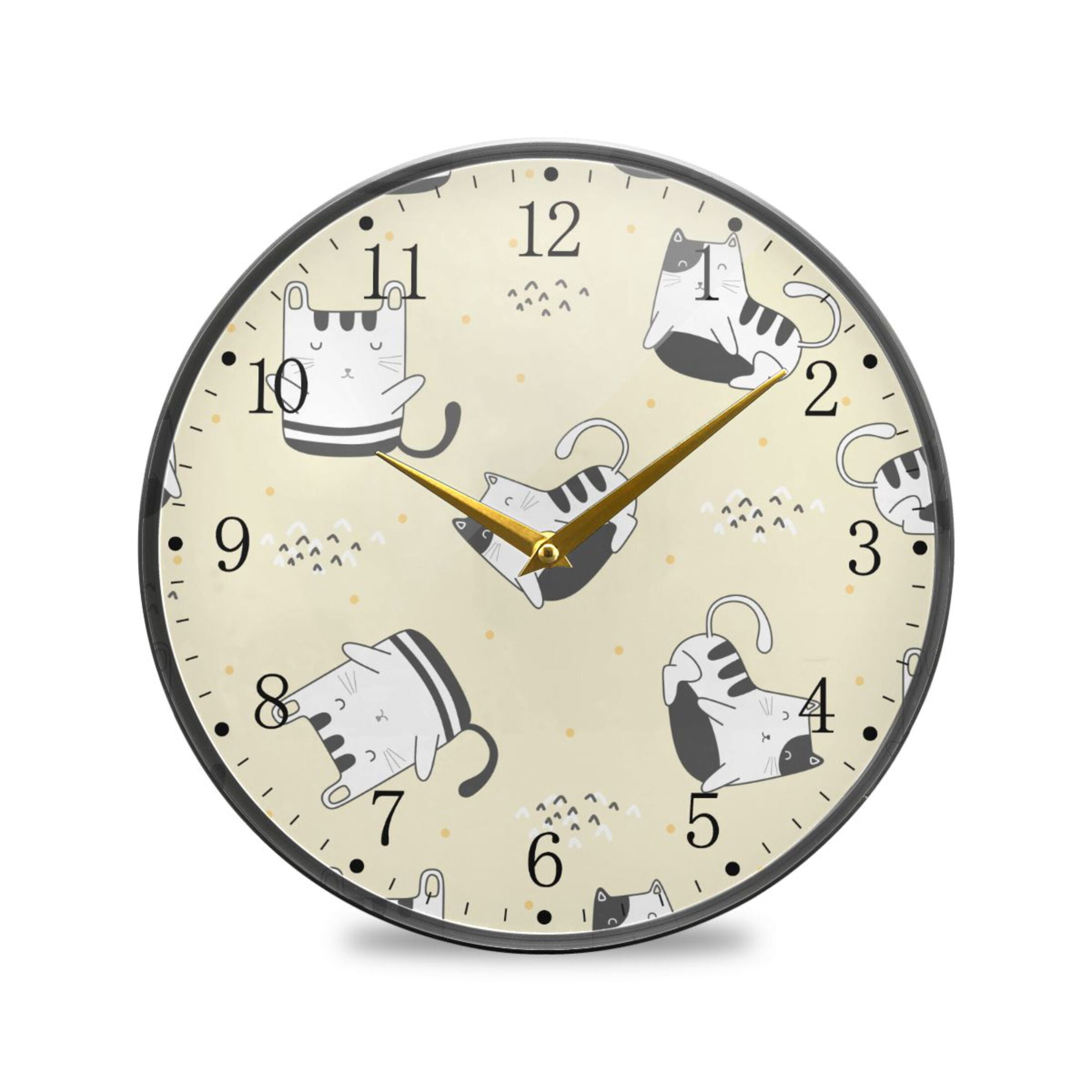 Cat on Yellow Acrylic Wall Clocks Quiet Round Clock Battery Operated ...