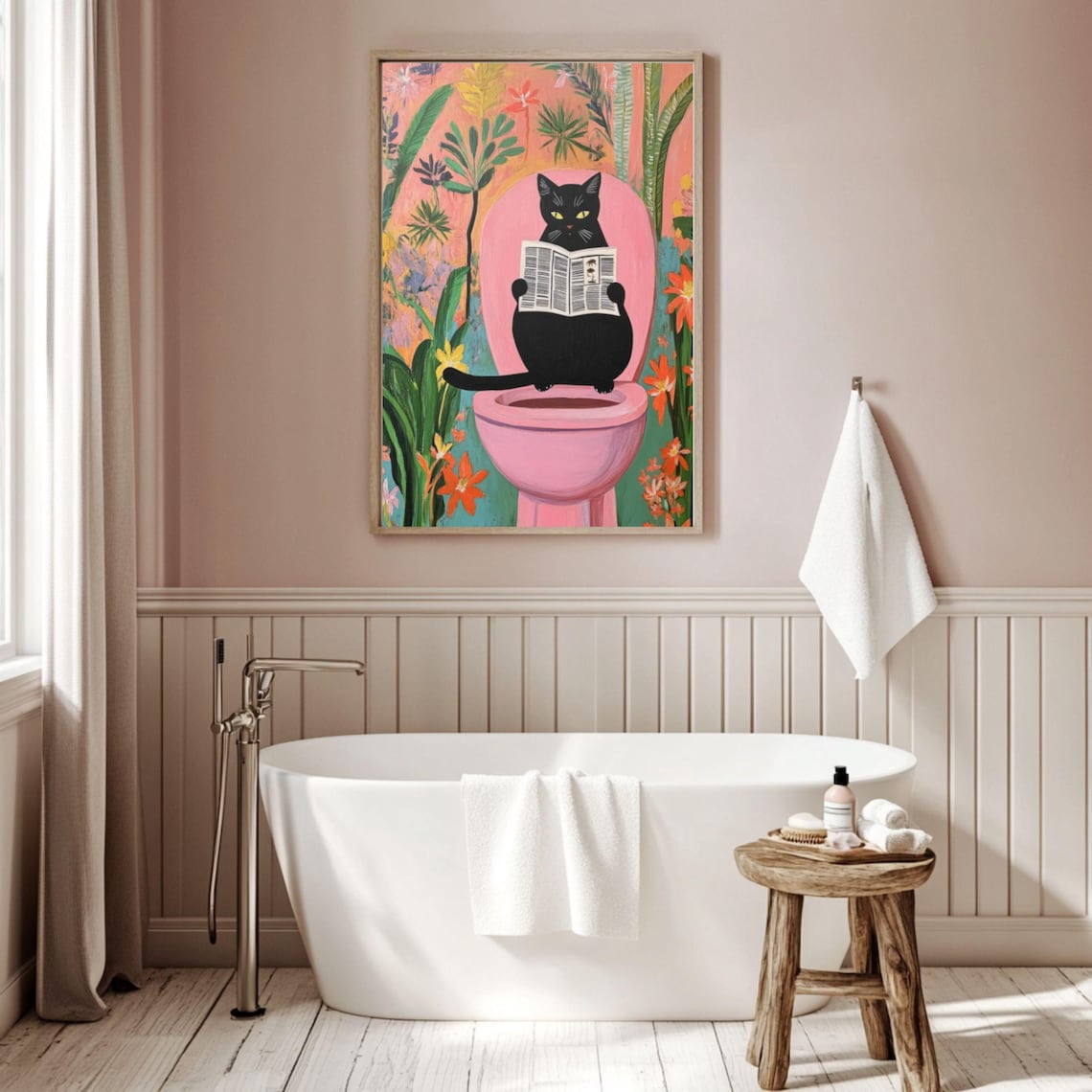 Cat on pink toilet Wall Art Reading Cat on Toilet Bathroom Decor Toilet ...
