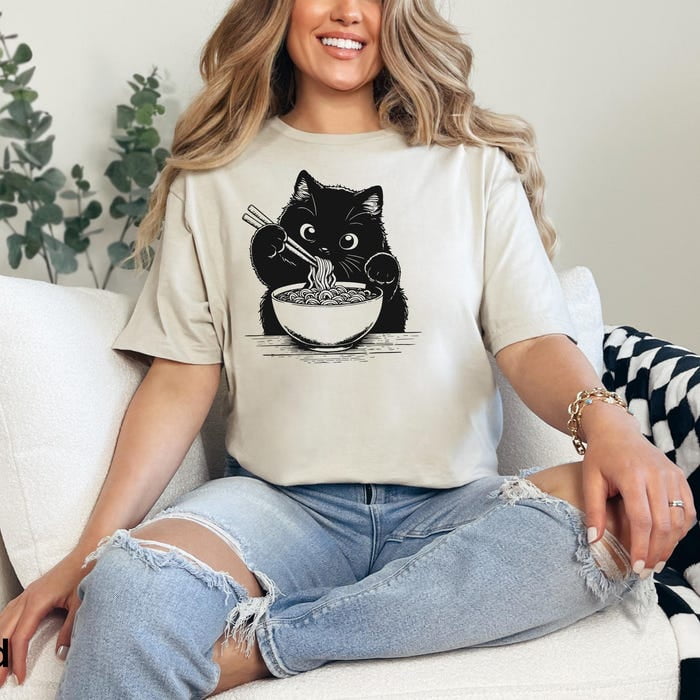 Cat shirt , Japanese Noodle shirt, Cartoon Cat shirt, Foodie Lover ...