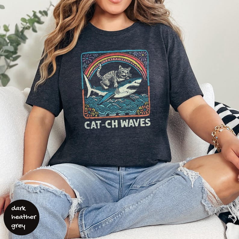 Cat surfing shark shirt, catch waves funny surfer gift, retro surf girl ...