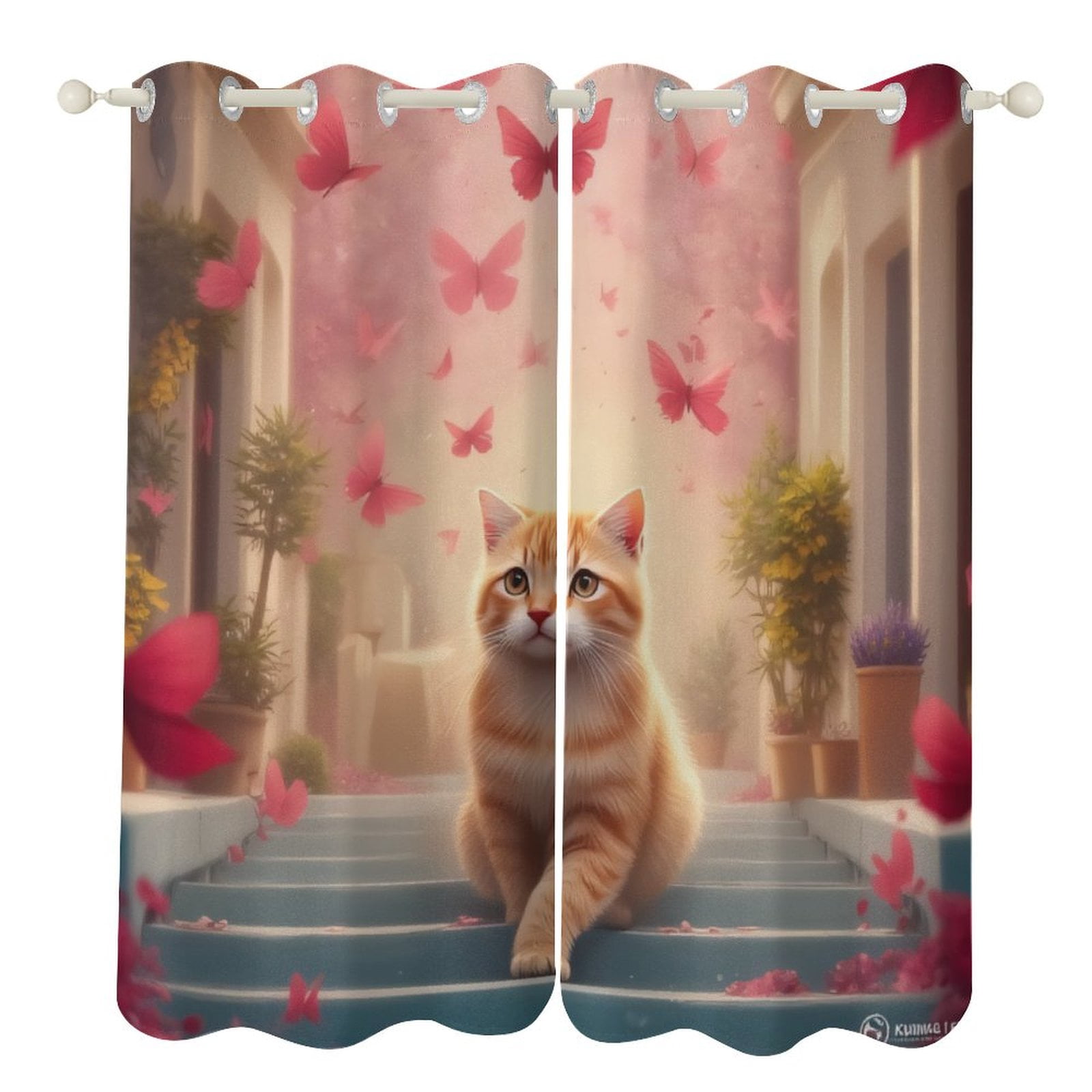 Cat with Butterflies in Garden 2 Panels Curtains for Bedroom Living ...