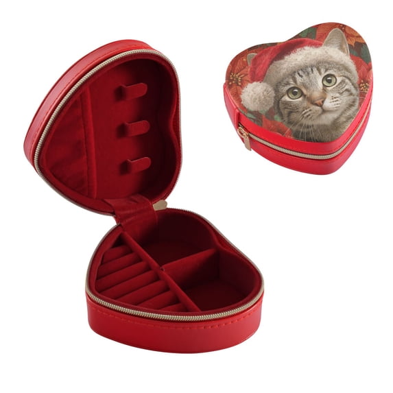 Cat with Christmas Hat Poinsettia Flower Background PU Leather Heart ...