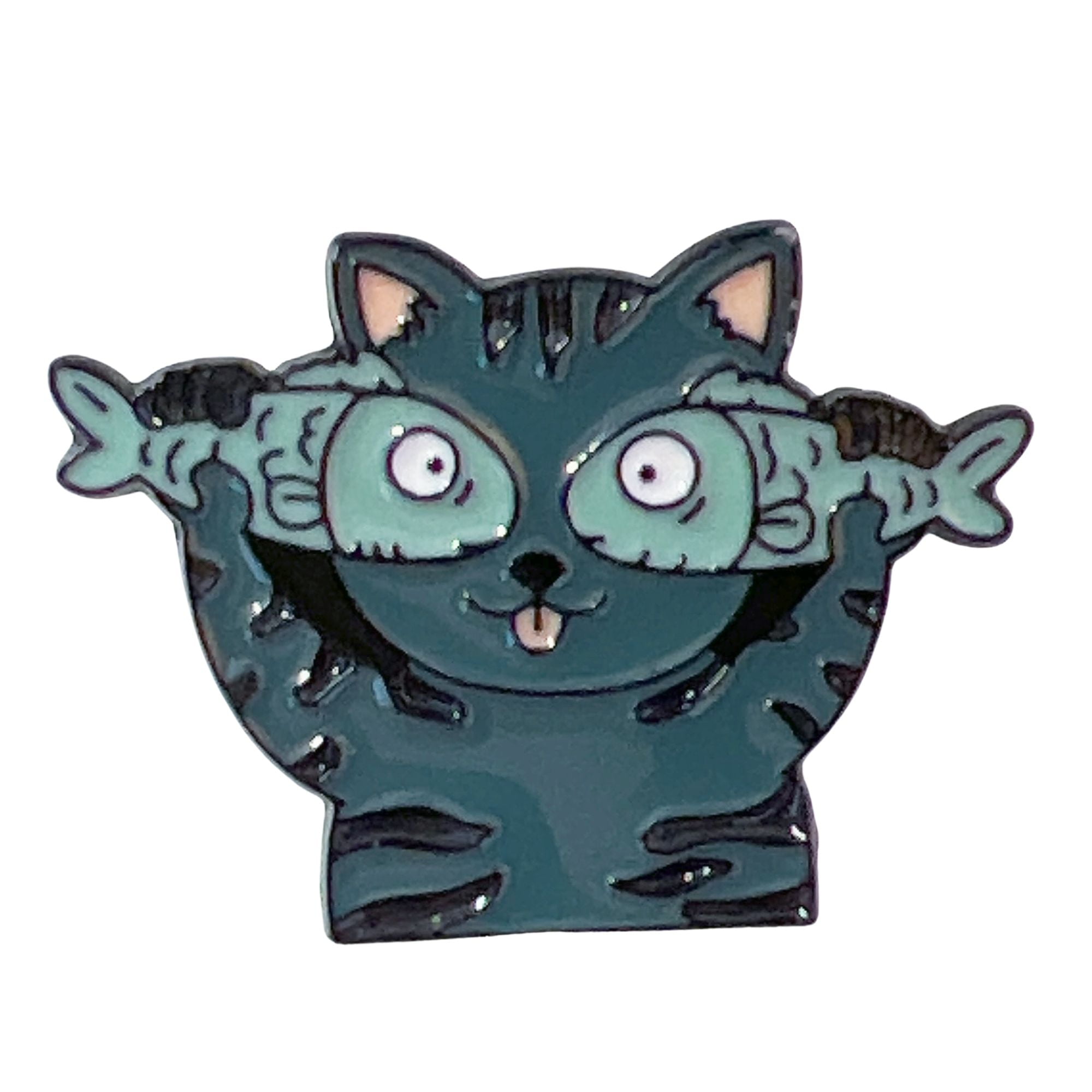 Cat with Fish Eyes Enamel Pin – Funny Cartoon Kitty with Silly ...