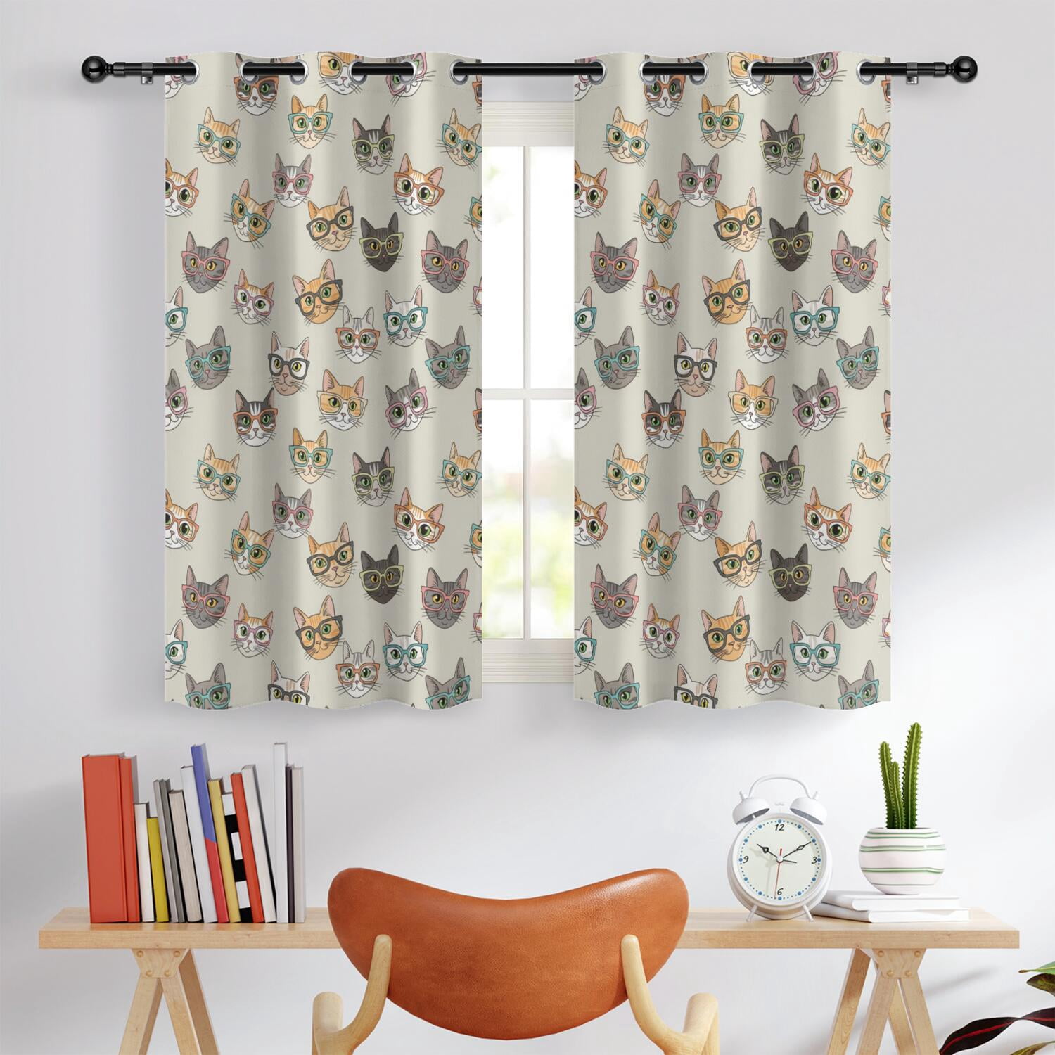 Cat with Glasses Beige Pattern Blackout Curtains,Triple Weaved Fabric ...