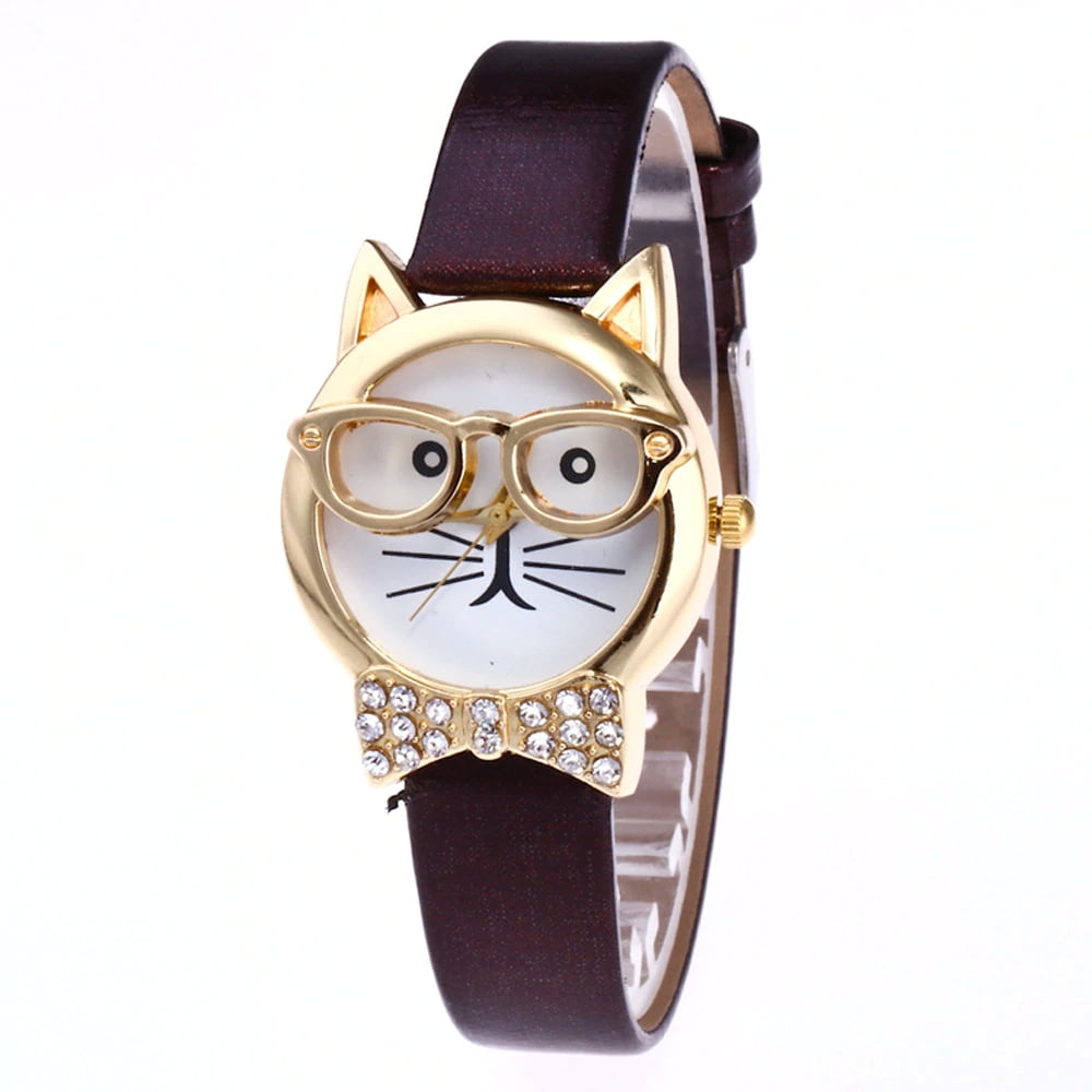 Cat with Glasses and Crystal Bow Tie Woman Watch with Deep Purple Band ...