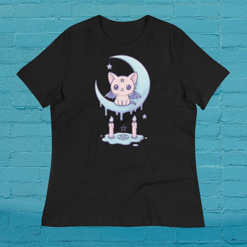 Cat with Melting Moon T-shirt, Pastel Goth, Kawaii Goth Tee, Yami ...