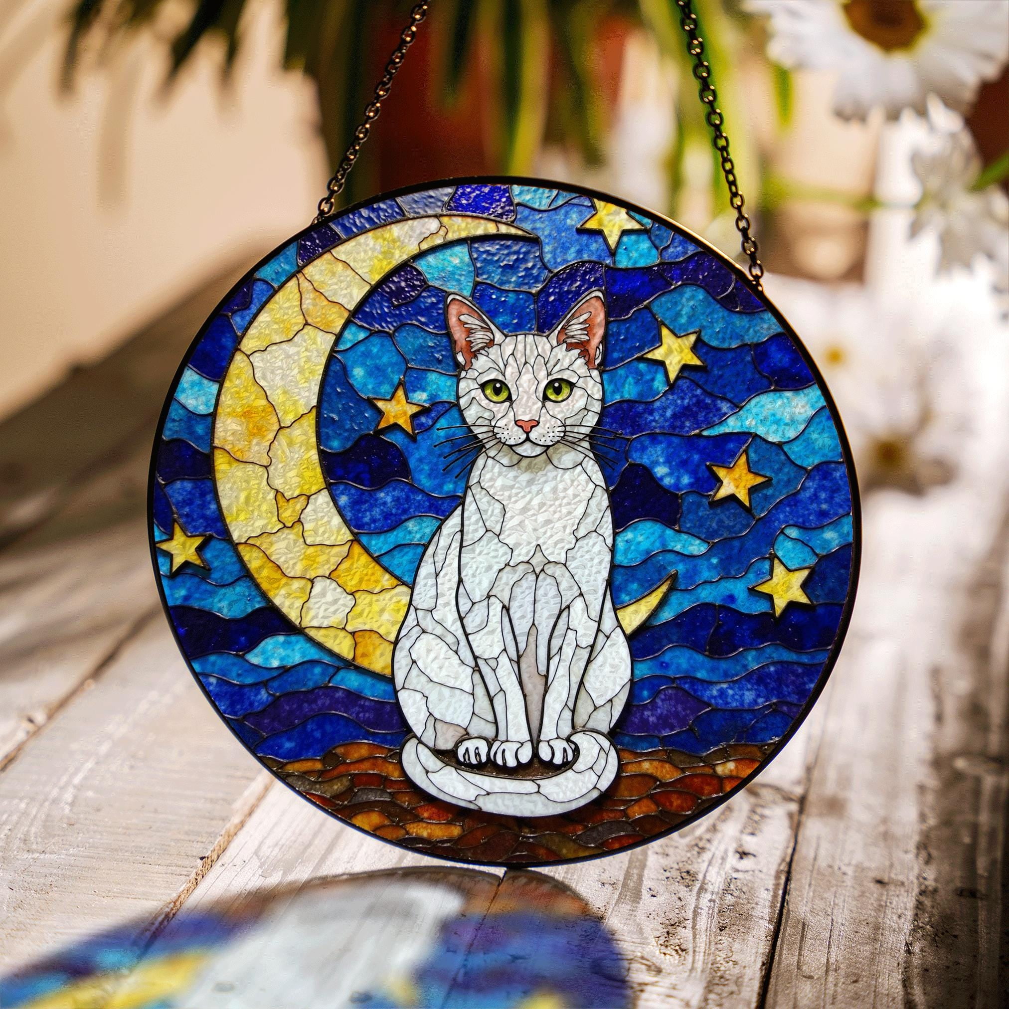 Cat with Moon and Stars Stained Glass Style Suncatcher, Celestial ...