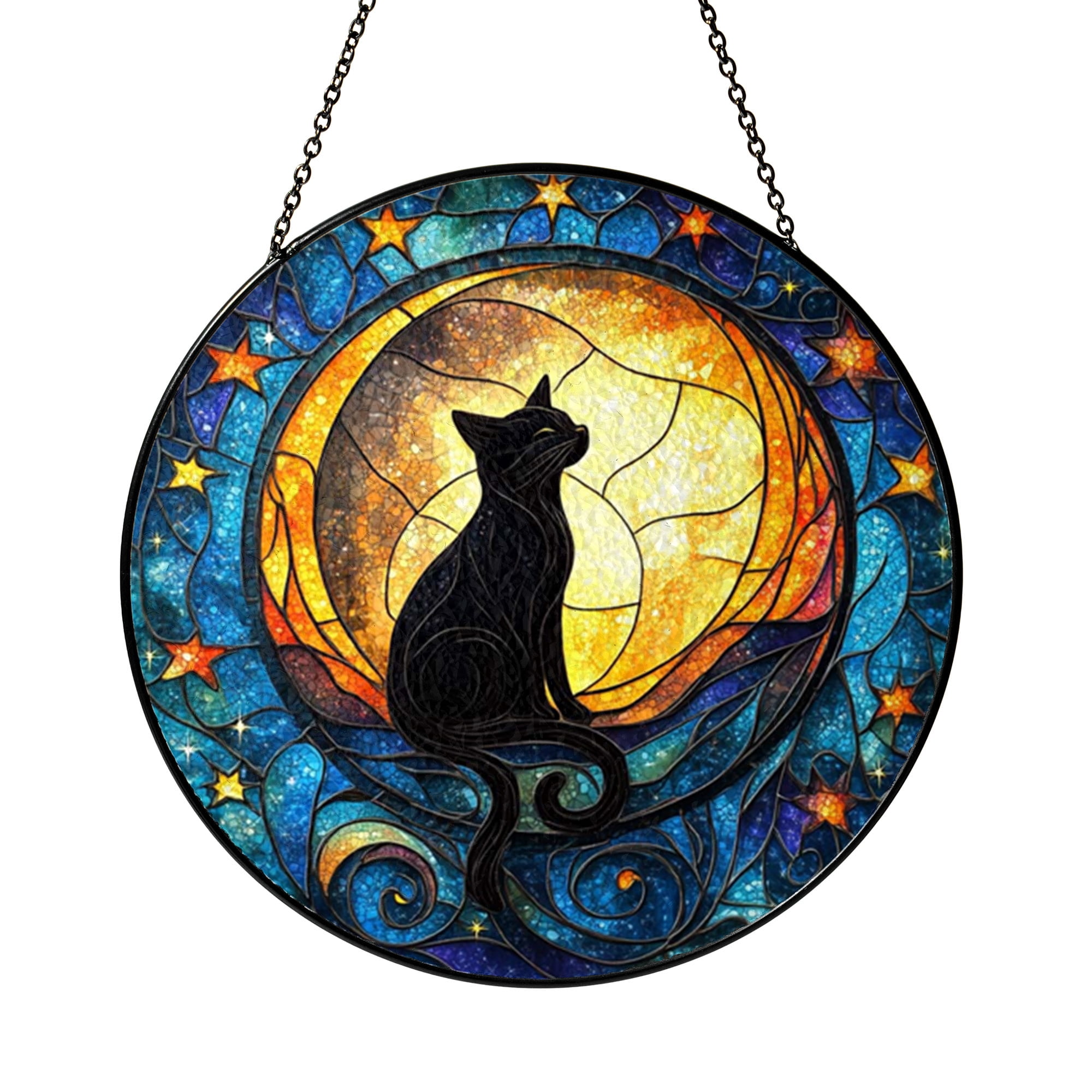 Cat with Moon and Stars Stained Glass Style Suncatcher – Decorative ...