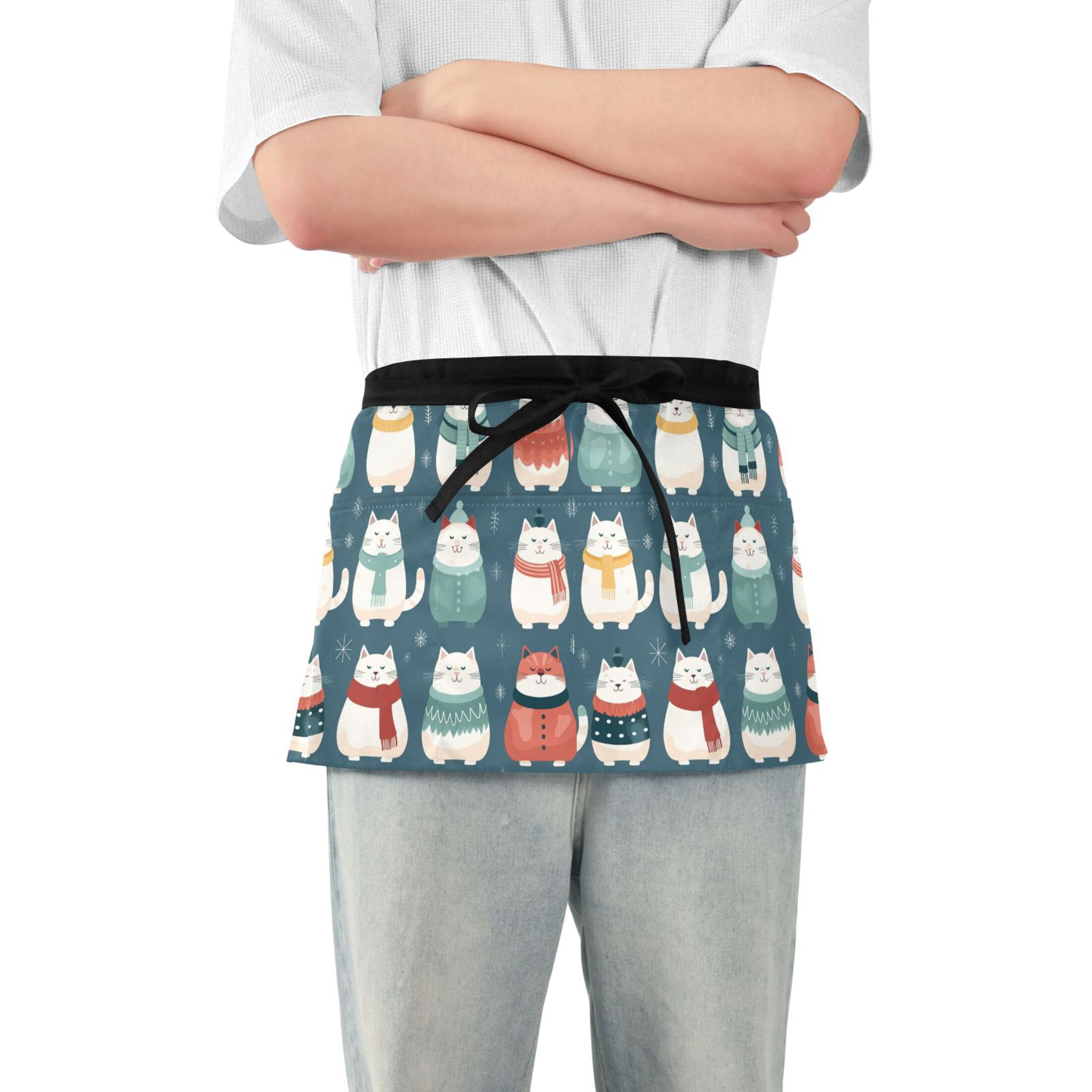 Cat with Winter Clothes Server Apron with 3 Pockets Waterproof Waitress ...
