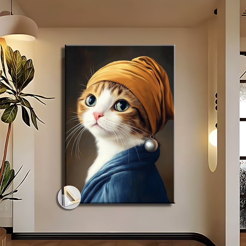 Cat with a Pearl Earring Poster Canvas Print Wall Art Bedroom Room ...