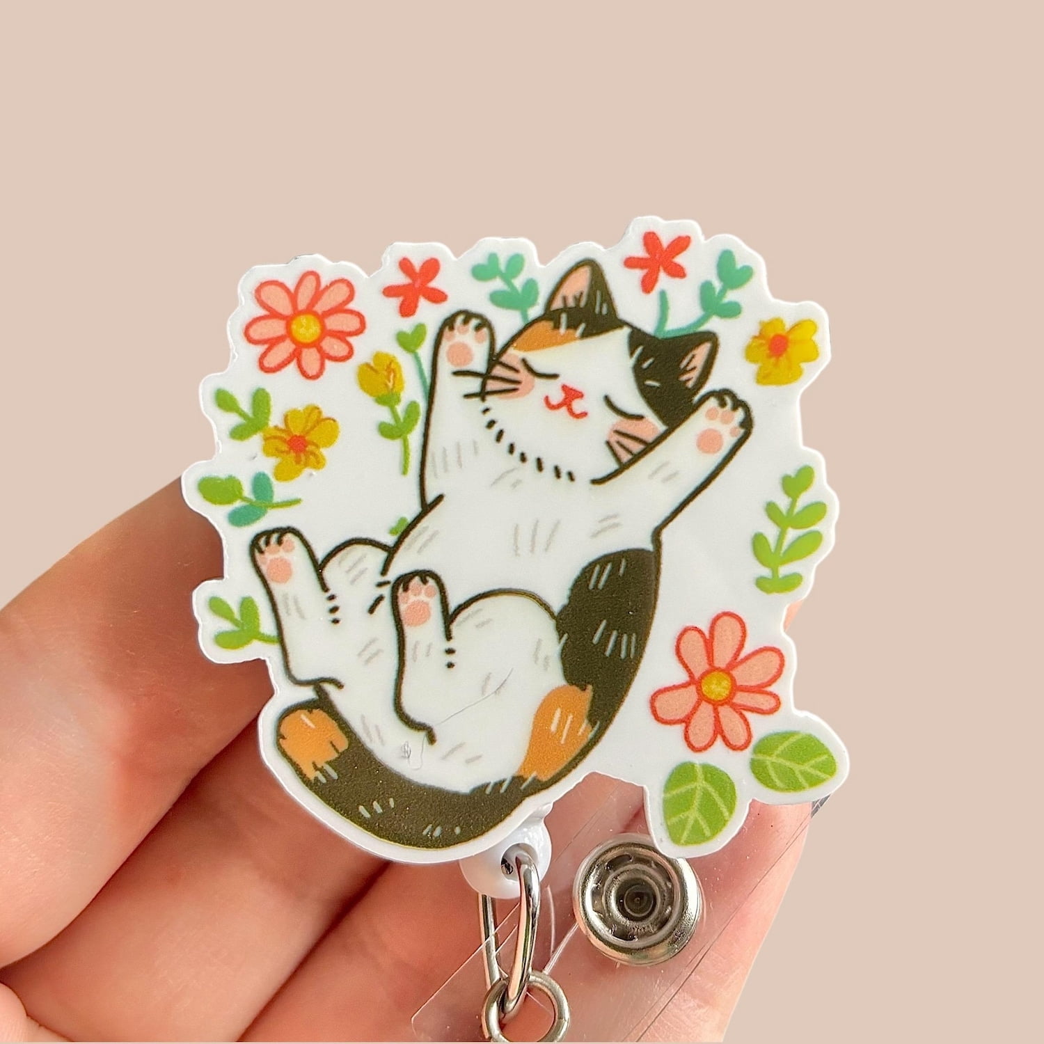 Cat with flowers badge reel - Spring badge pull - Badge clip - Cute cat ...