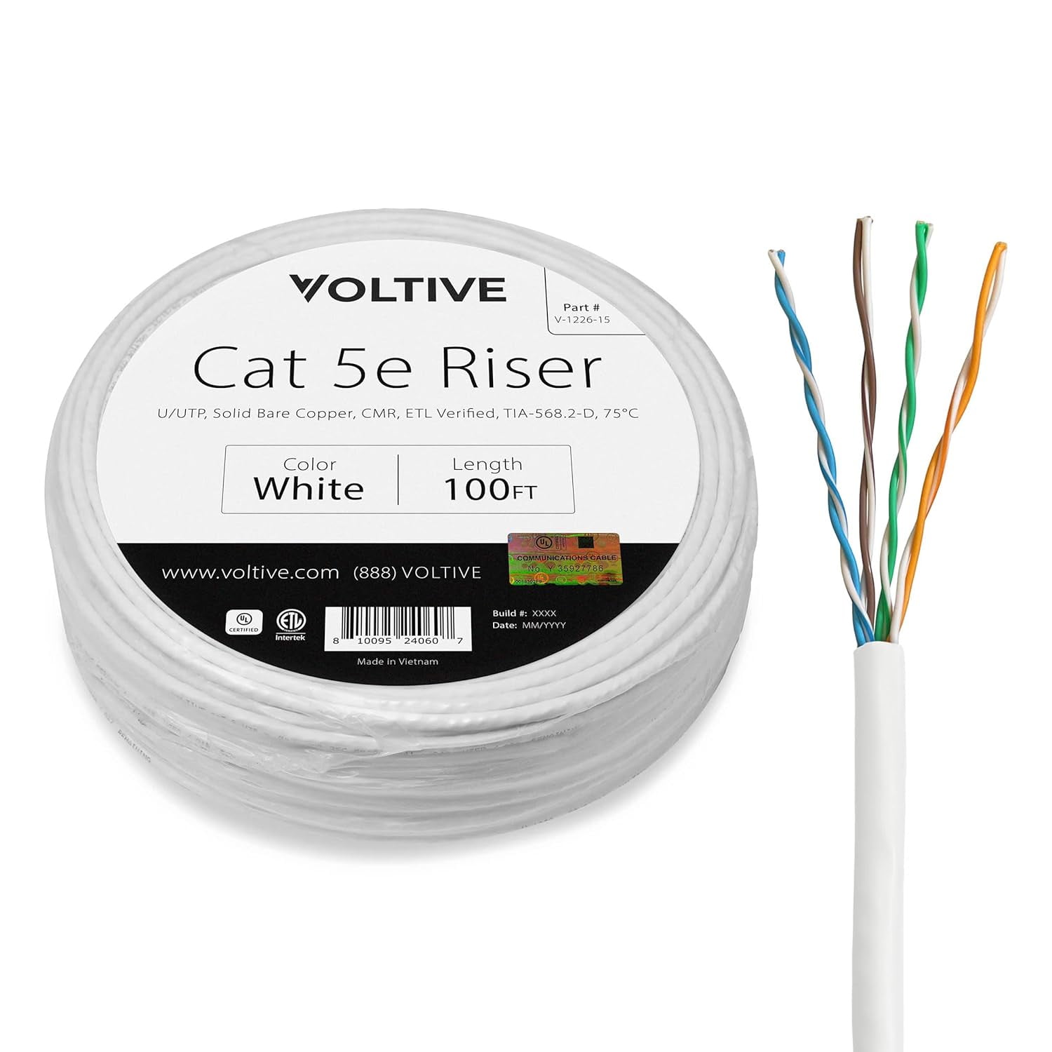 Cat5e Riser (CMR), 100ft, White - Solid Bare Copper Bulk Ethernet Cable ...