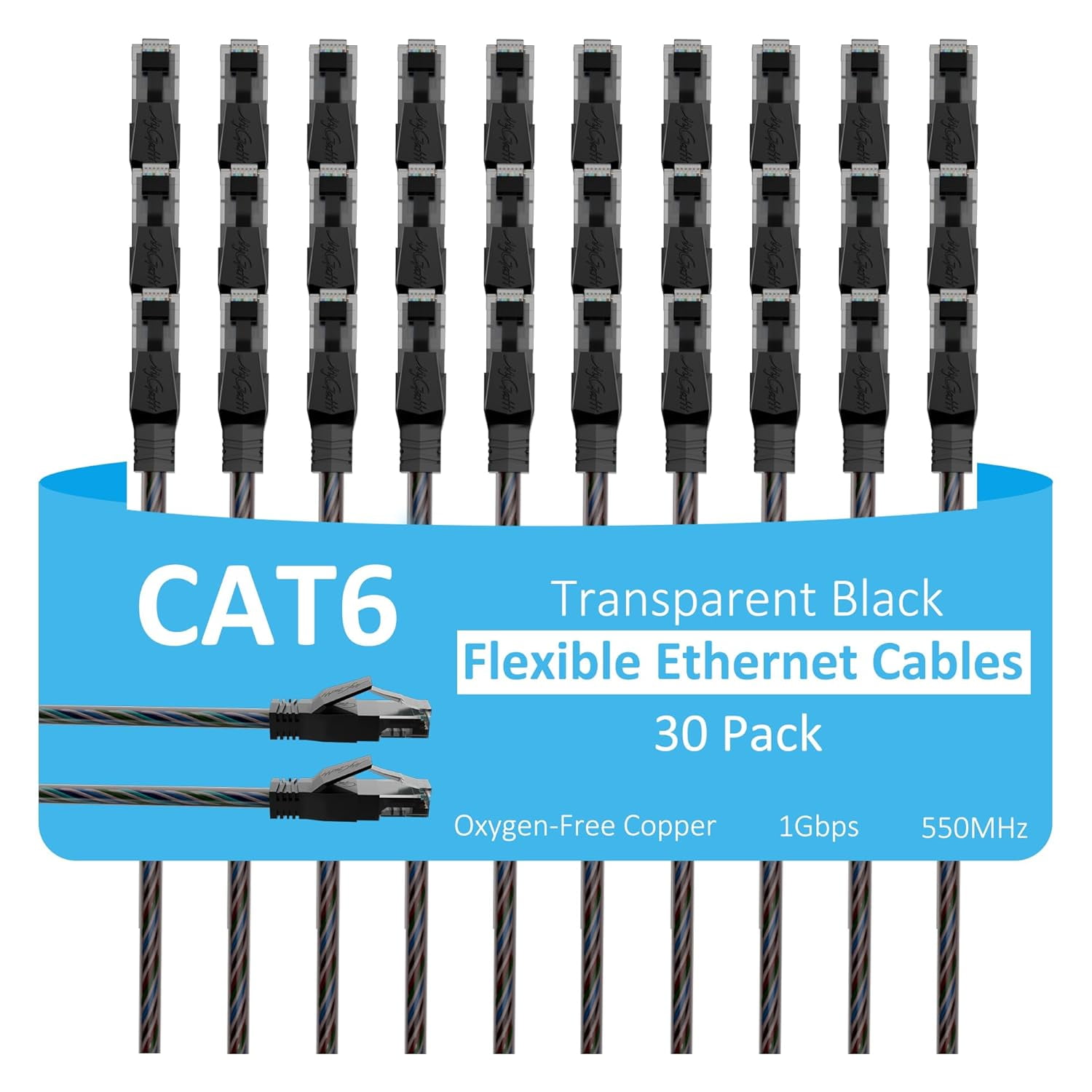 Cat6 Ethernet Cable 0.6 FT (30-Pack), Snagless Cat 6 Patch Cable, Upgraded Transparent Flexible ...