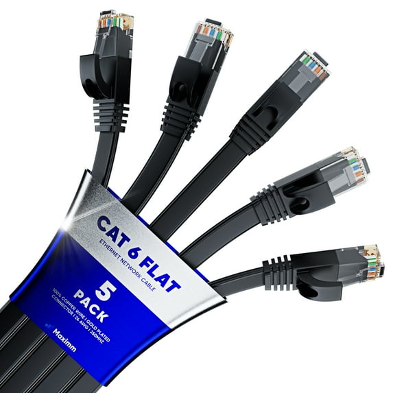 Cat6 Ethernet Cable 1.5ft, 5-Pack Black - Flat High-Speed Network ...
