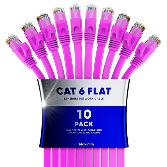 Cat6 Ethernet Cable 25ft, 10-Pack Pink - Flat High-Speed Network Cables ...