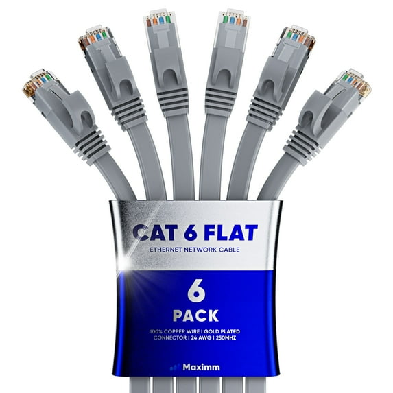 Cat6 Ethernet Cable 6ft, 6-Pack Gray - Flat High-Speed Network Cables ...