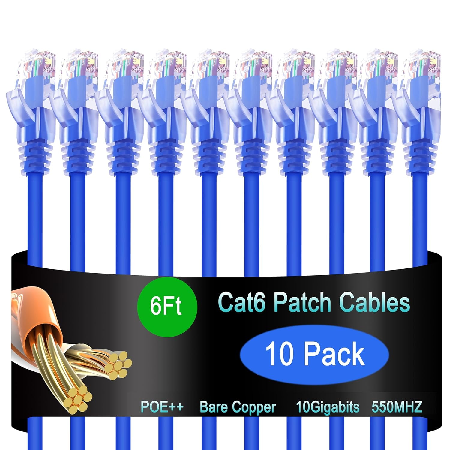 Cat6 Ethernet Patch Cable 6 ft (10 Pack), Cat6 Patch Cable for Data ...