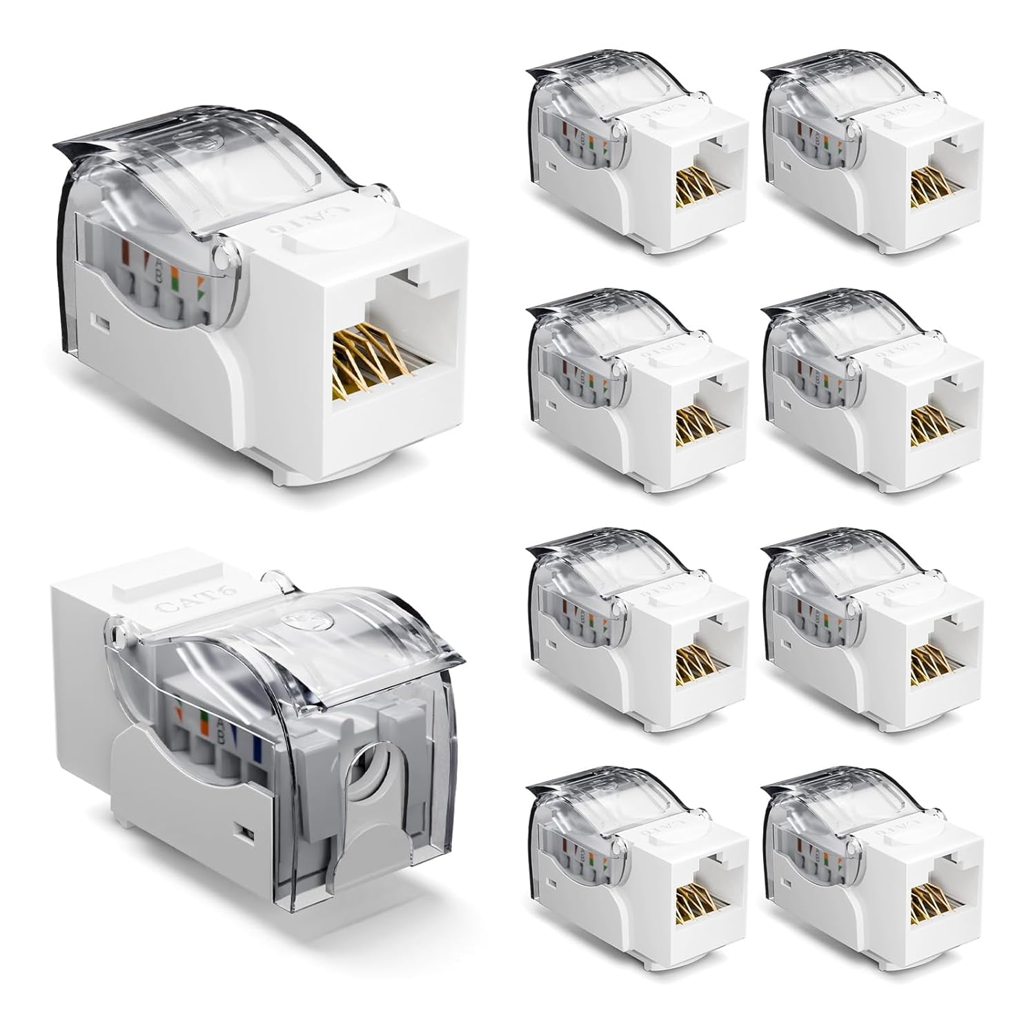 Cat6 Keystone Jack Toolless 10-Pack, Slim Profile RJ45 Ethernet Punch ...
