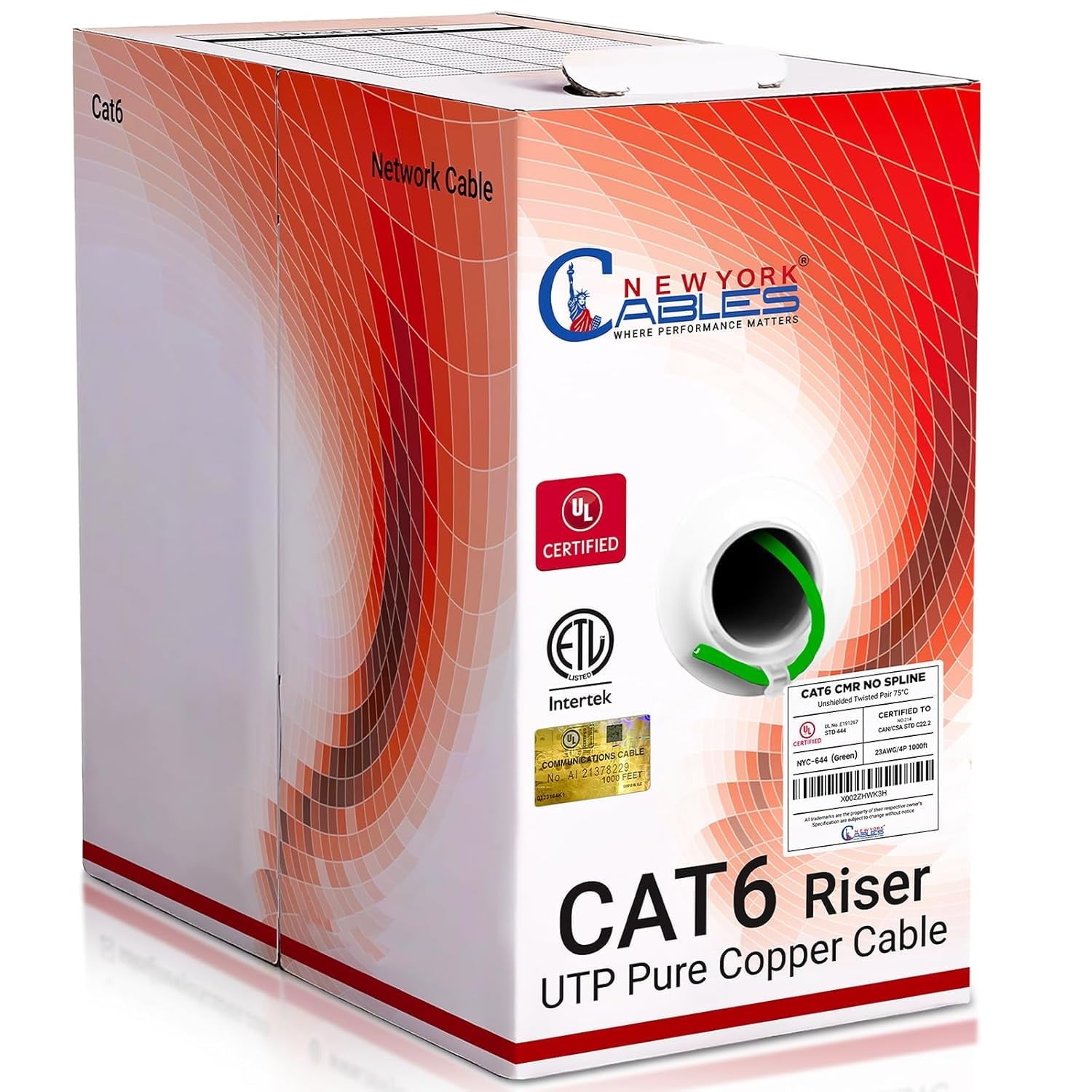 Cat6 Riser CMR 1000ft Bulk Ethernet Cable 100% Solid Copper ETL Listed 23AWG 550MHz 4Pair UTP ...