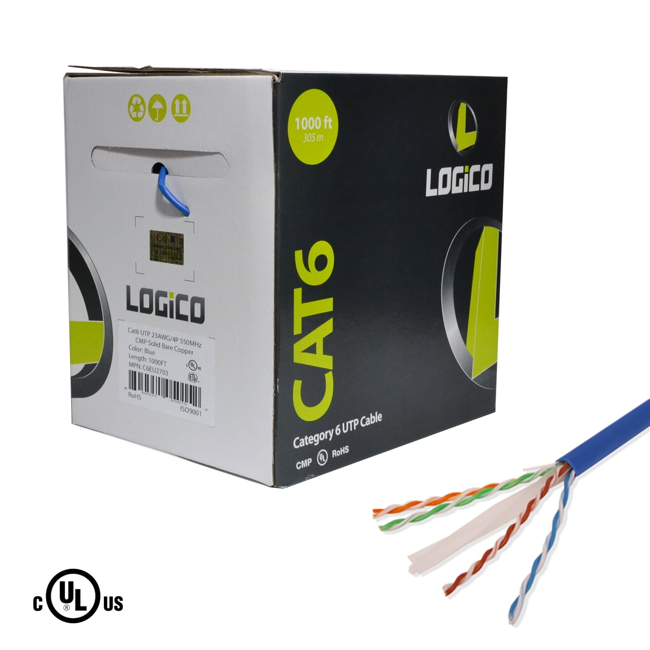 Cat6 UTP 1000ft Bulk Ethernet Network Cable 23AWG 550Mhz Pure Copper ...