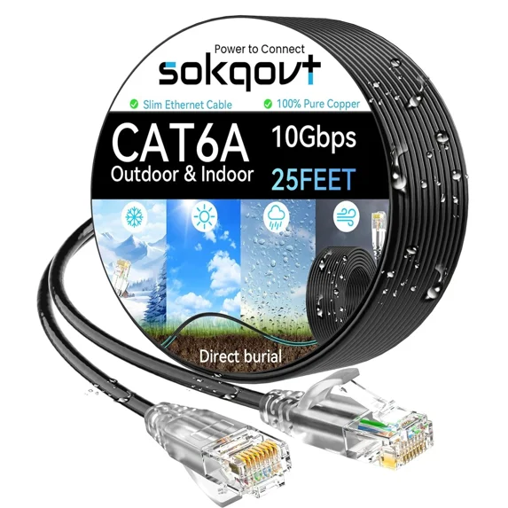Cat6A Ethernet Cable Slim 25Ft Outdoor&Indoor, 28Awg Pure Copper 25Ft ...