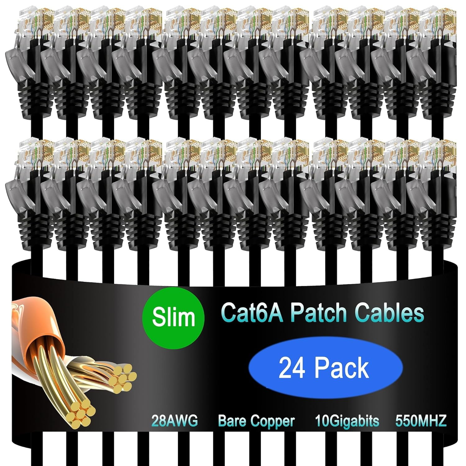 Cat6A Slim Ethernet Patch Cable 10 Ft (24 Pack), Cat6A Patch Cable For ...
