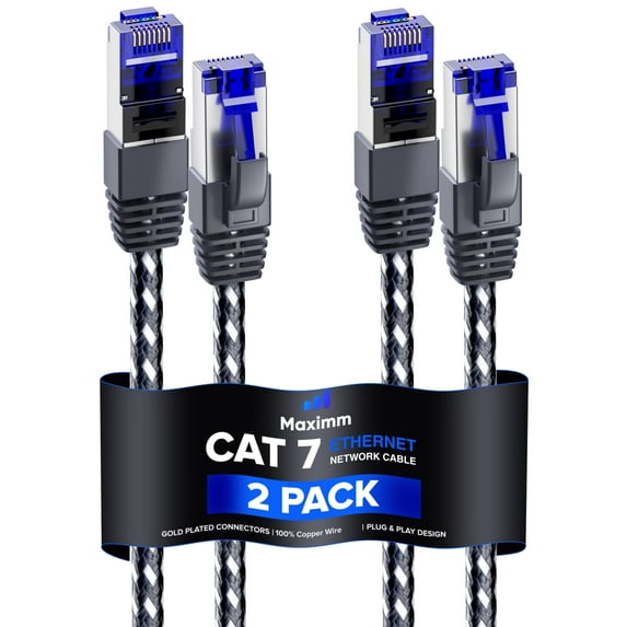 Cat7 Ethernet Cable 8ft, 2-Pack (Black) - Braided High-Speed Network ...