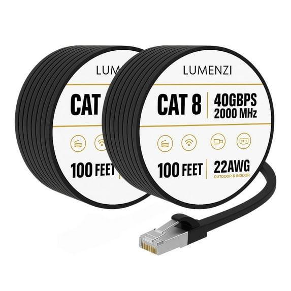 Cat8 Flat Ethernet Cable 100ft, 2 Pc Pack, 40Gbps 2000MHz Network Patch Cord, S/FTP Shielded LAN ...