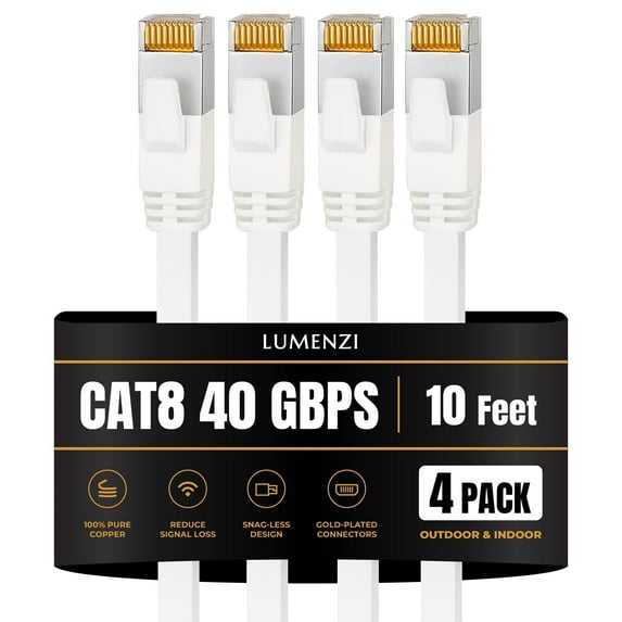 Cat8 Flat Ethernet Cable 10ft, 4 Pc Pack, 40Gbps 2000MHz Network Patch ...