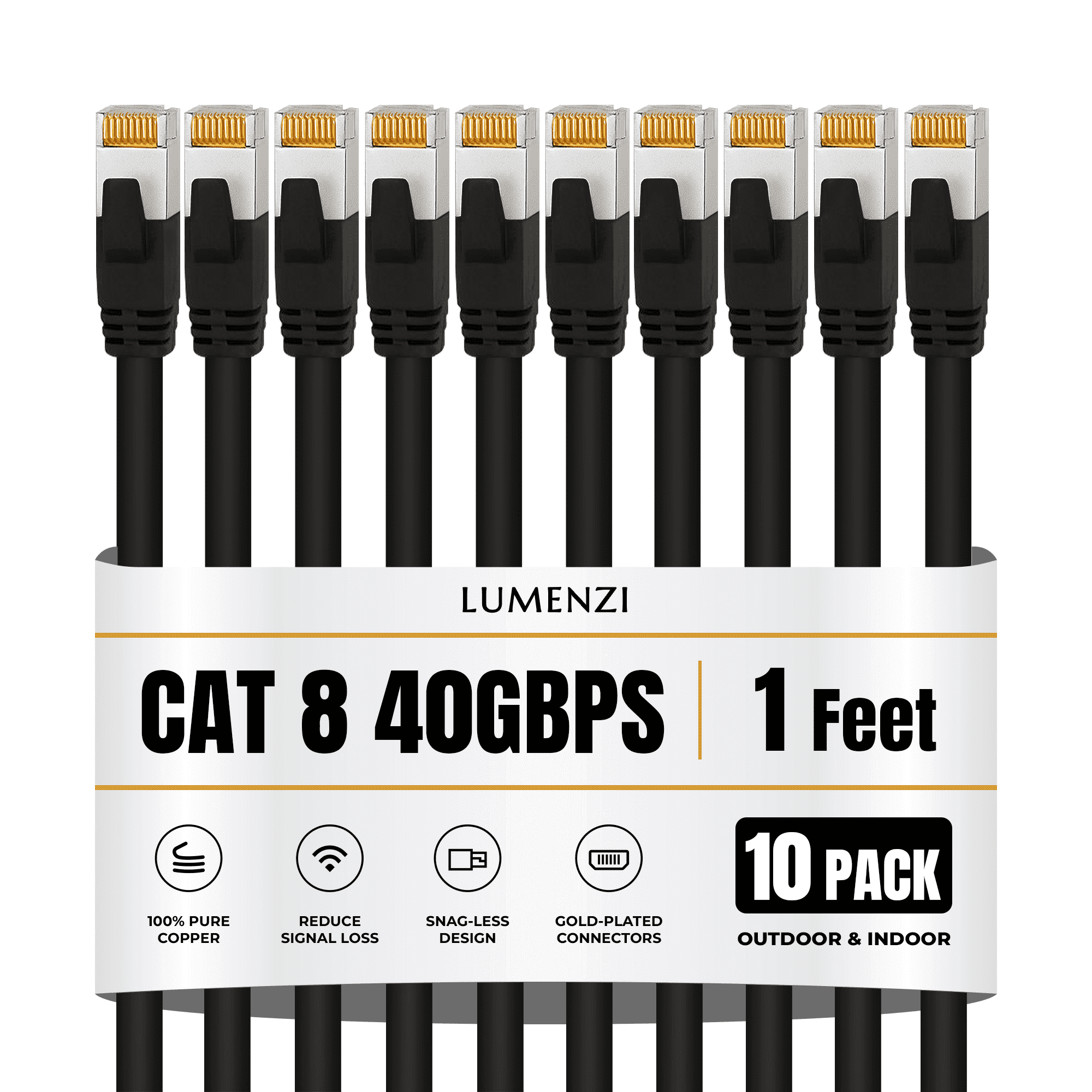 Cat8 Round Ethernet Cable 1ft, 10 Pc Pack, 40Gbps 2000MHz Network Patch ...