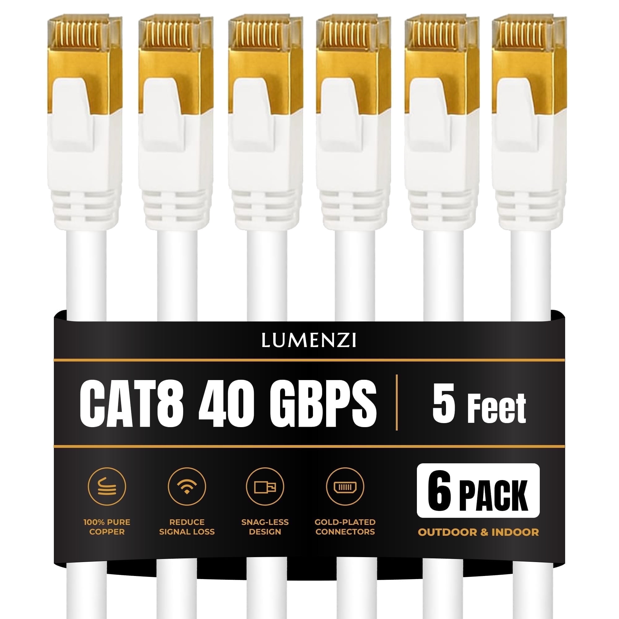 Cat8 Round Ethernet Cable 5ft, 6 Pc Pack, 40Gbps 2000MHz Network Patch ...