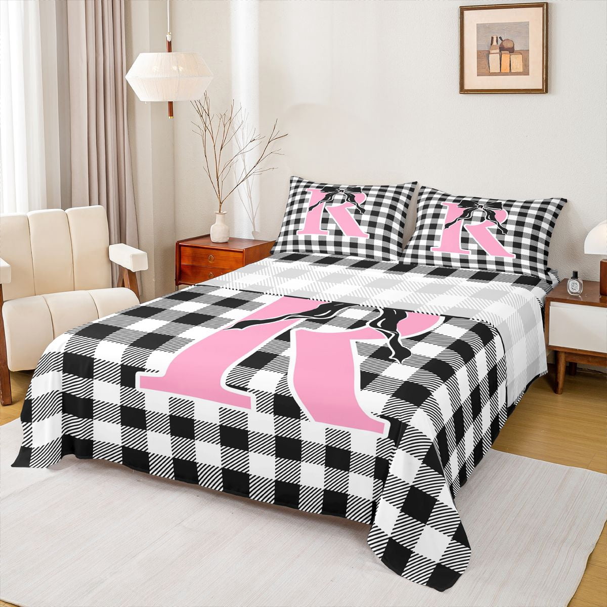 Catabedysis Black Gingham Print King Sheets,Plaid Monogrammed R Design ...
