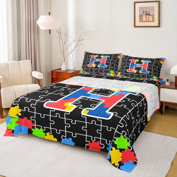 Catabedysis Black Puzzle Print Bed Sheets,Jigsaw Initial Pattern Full ...