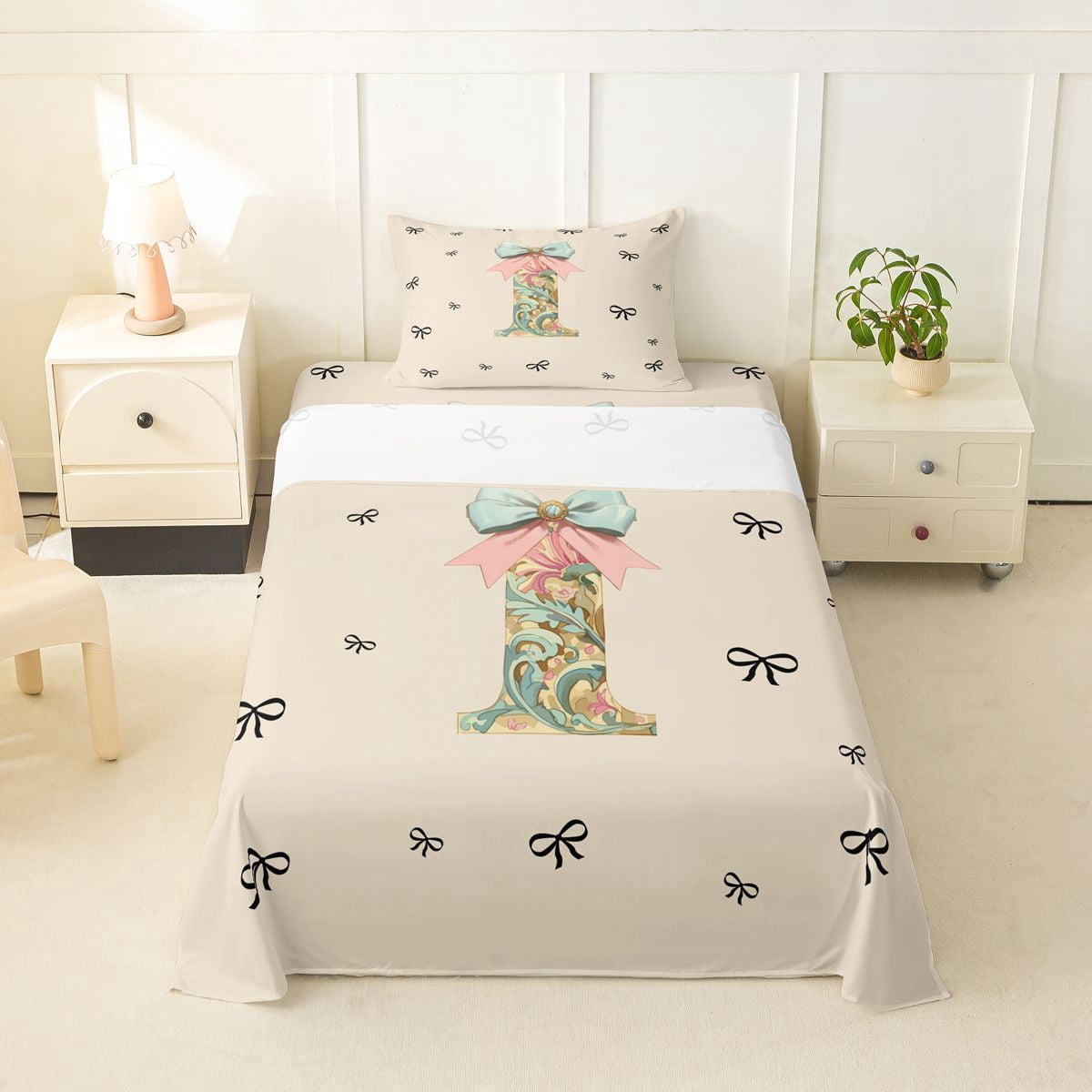 Catabedysis Black Ribbon Bowknot Twin Sheets,3D Cartoon Monogrammed I ...