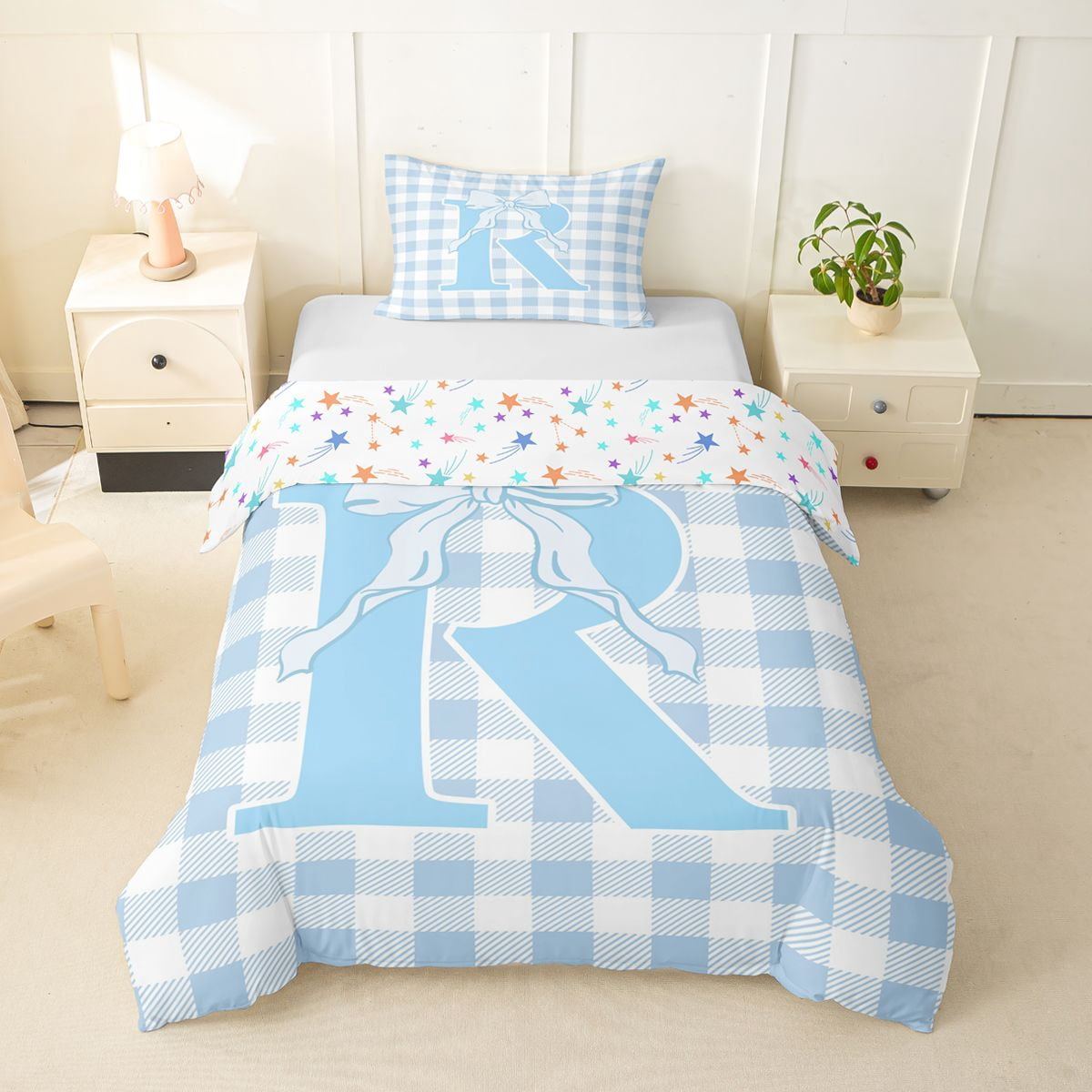 Catabedysis Blue Gingham Print Twin Duvet Cover,Plaid Monogrammed R ...