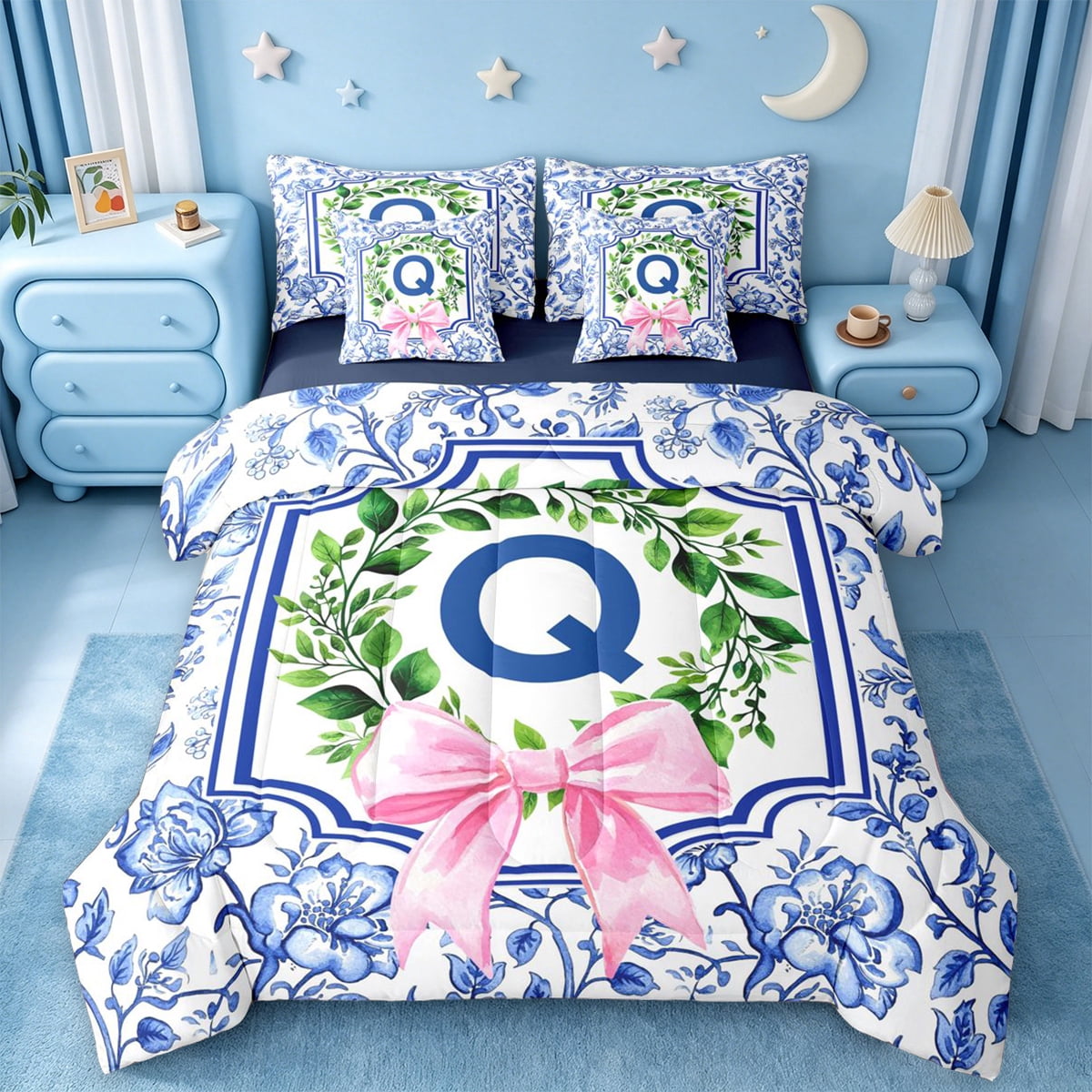 Catabedysis Blue Monogrammed Print Q 7pcs Queen Bedding,Vintage Floral ...