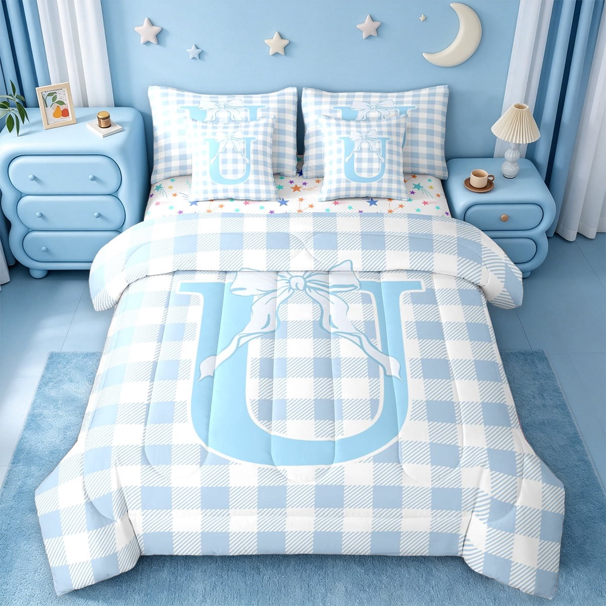 Catabedysis Blue Plaid Print,7pcs Queen Bedding,Kawaii Bow Initial U ...