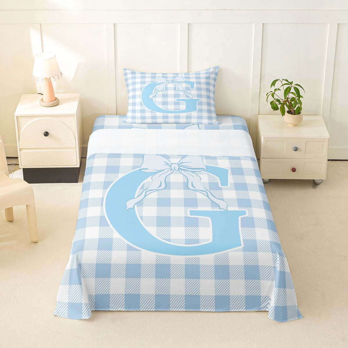 Catabedysis Blue Ribbon Bows Twin Sheets,Geometric Plaid Alphabet G ...