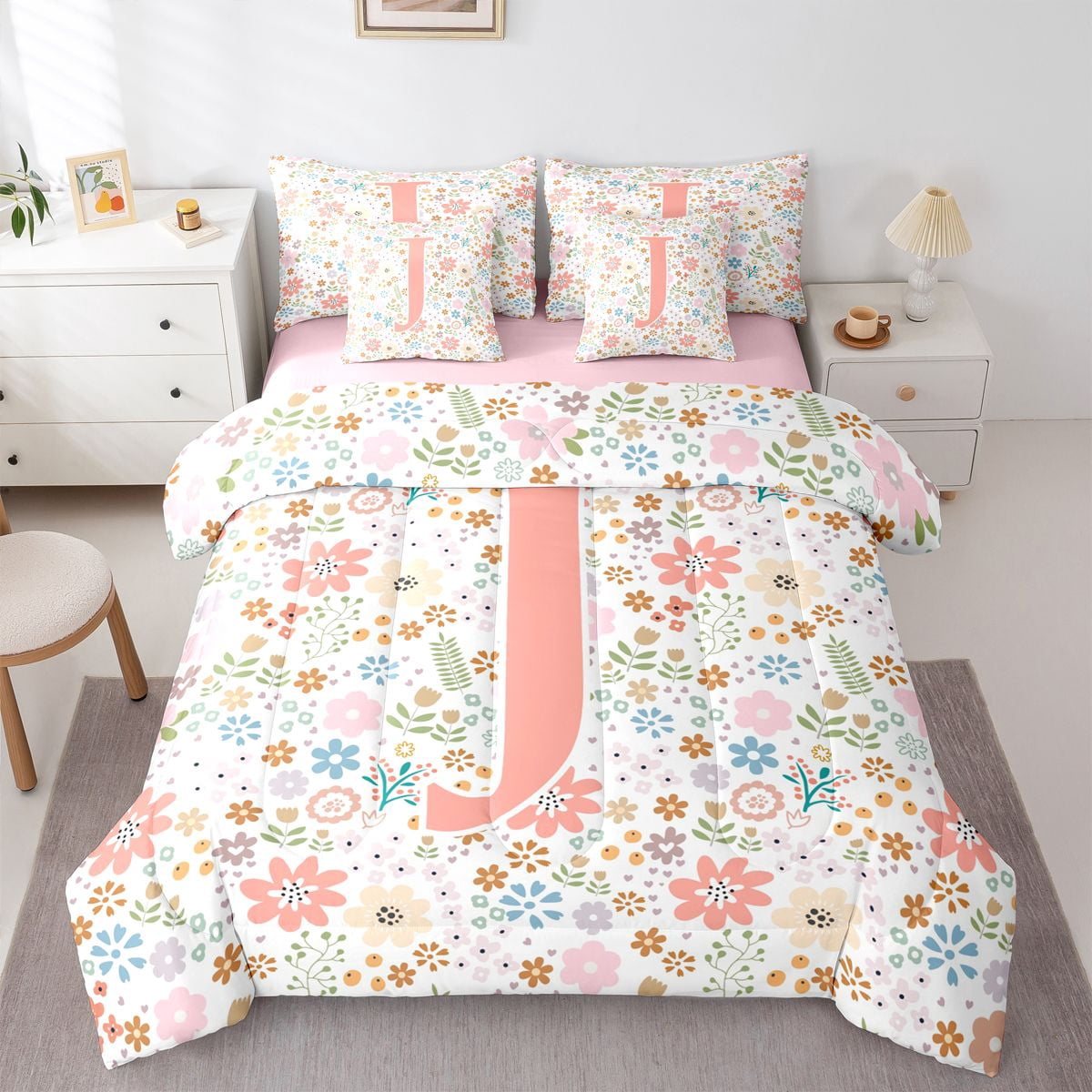 Catabedysis Bohemian Style Letter J 7-Piece Twin Bedding,Cartoon Floral ...