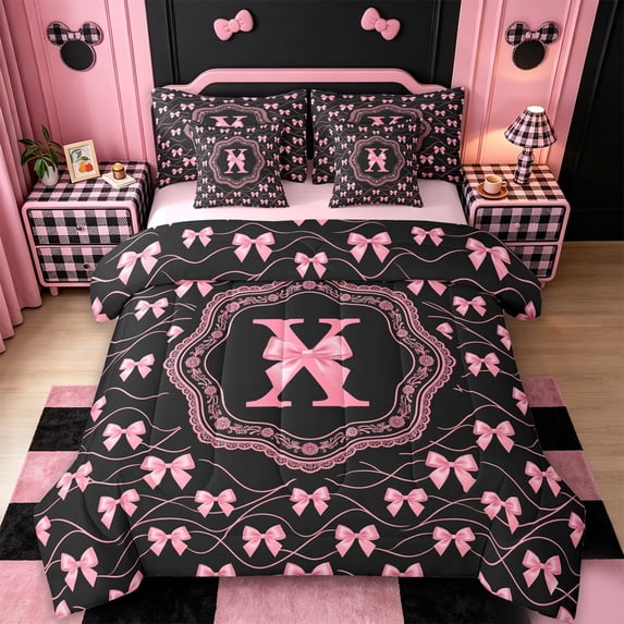 Catabedysis Bowknot Alphabet Print 7 Pieces Full Size Bedding Sets,Pink ...