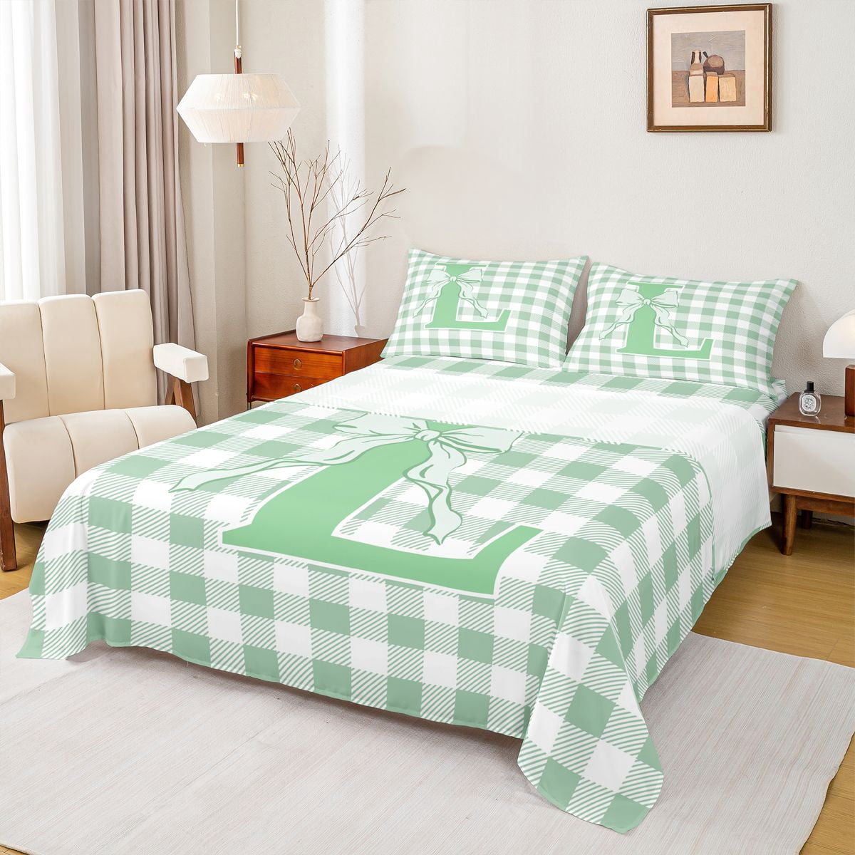 Catabedysis Bowknot Initial L Bed Sheets,Green ABC Themed Full Size ...