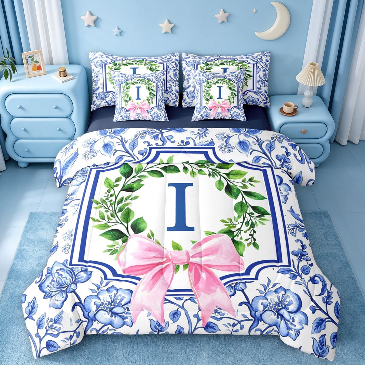 Catabedysis Bows Alphabet I 7-Piece King Bedding,Vintage Boho Flowers ...