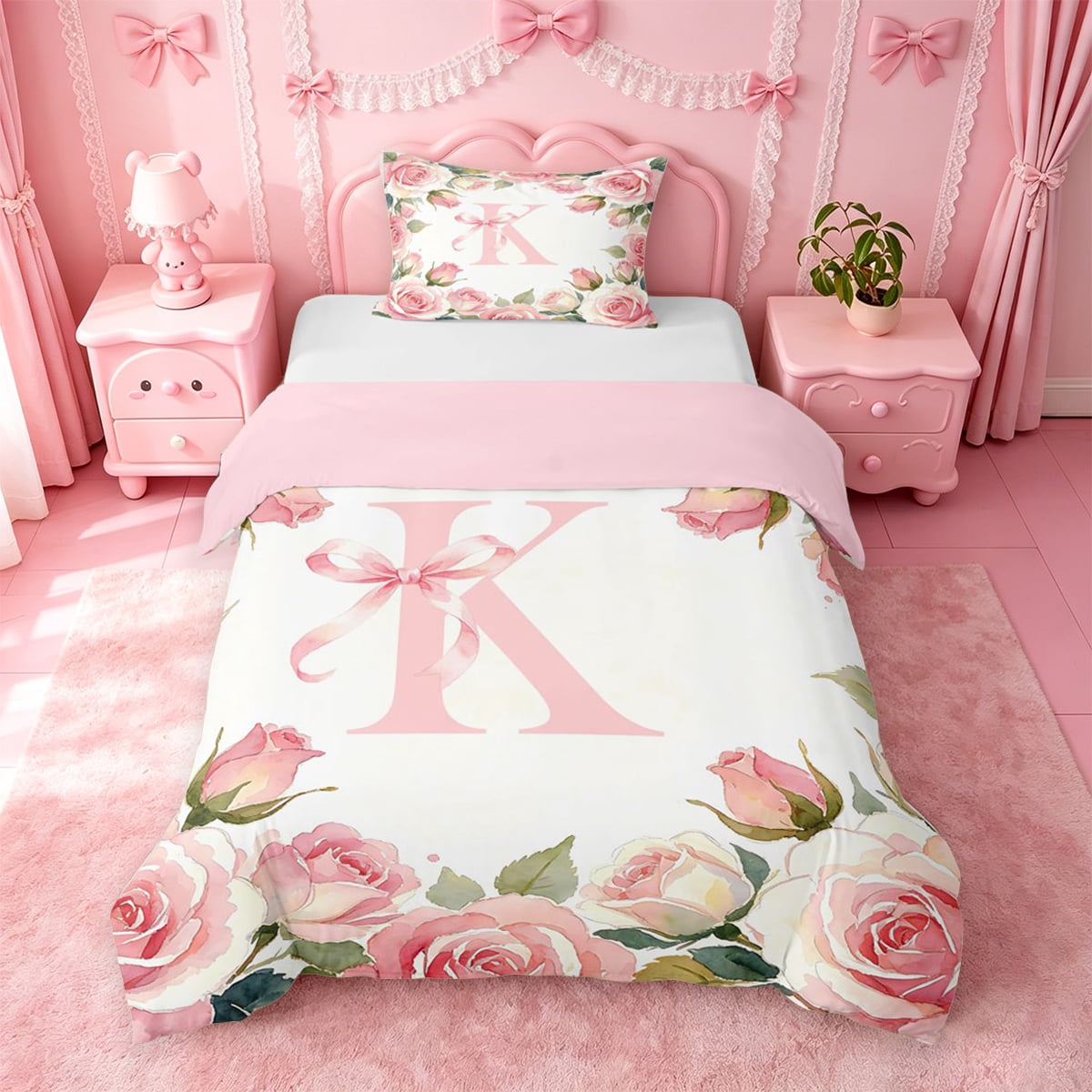 Catabedysis Bows Alphabet Print Twin Duvet Cover,Romantic Floral Letter ...