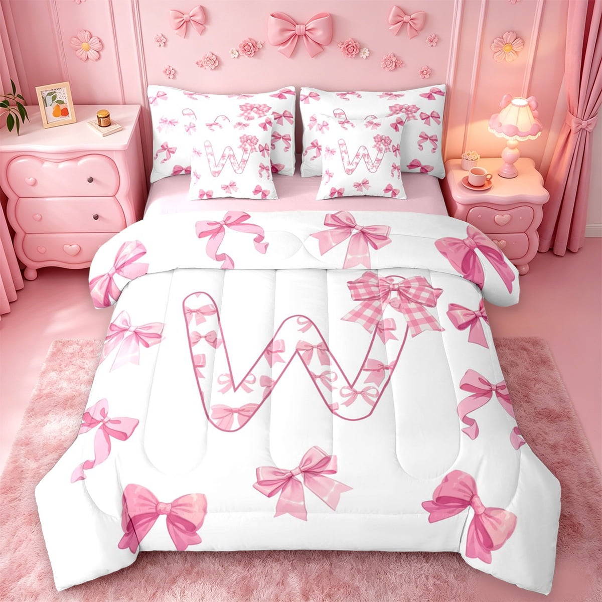Catabedysis Bowtie Letter Print 7-Piece Twin Bedding,Pink Monogrammed W ...