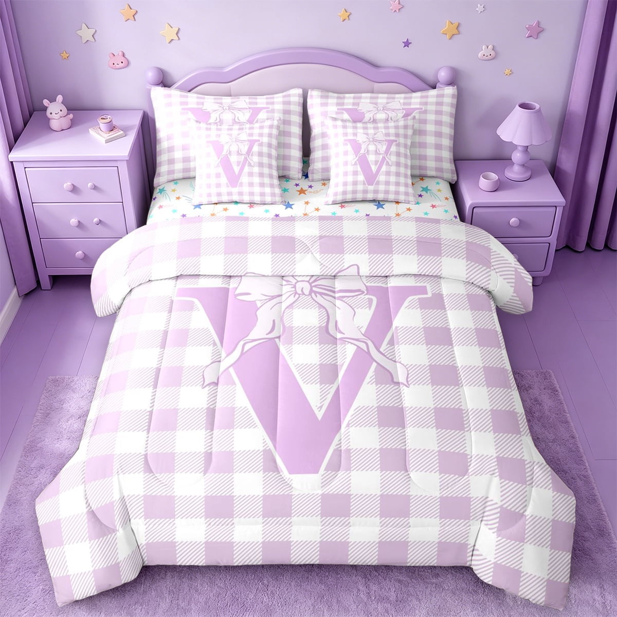 Catabedysis Cartoon Bows Alphabet V 7-Piece King Bedding,Minimalist ...